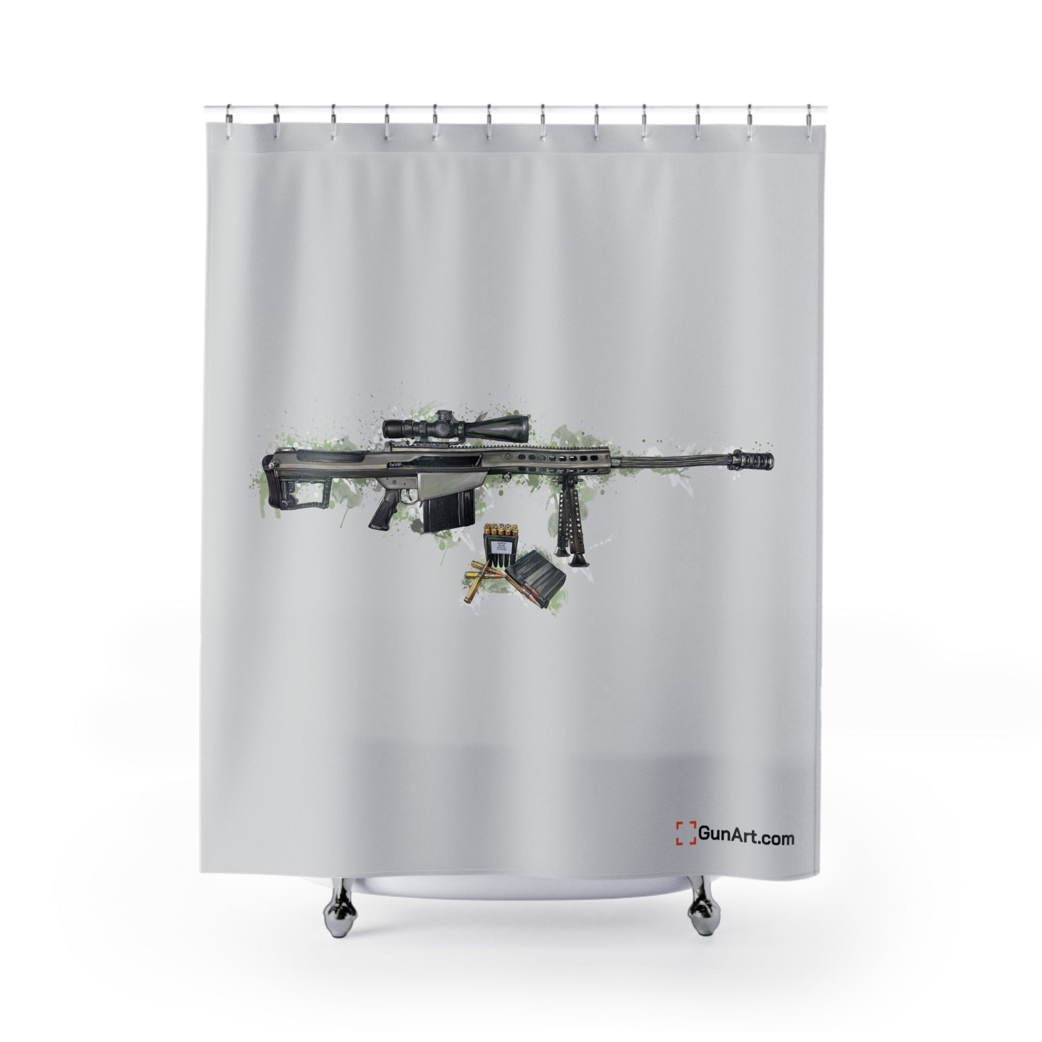 The Long-Range Legend - .50 Cal BMG Rifle Shower Curtain - Green Backg ...