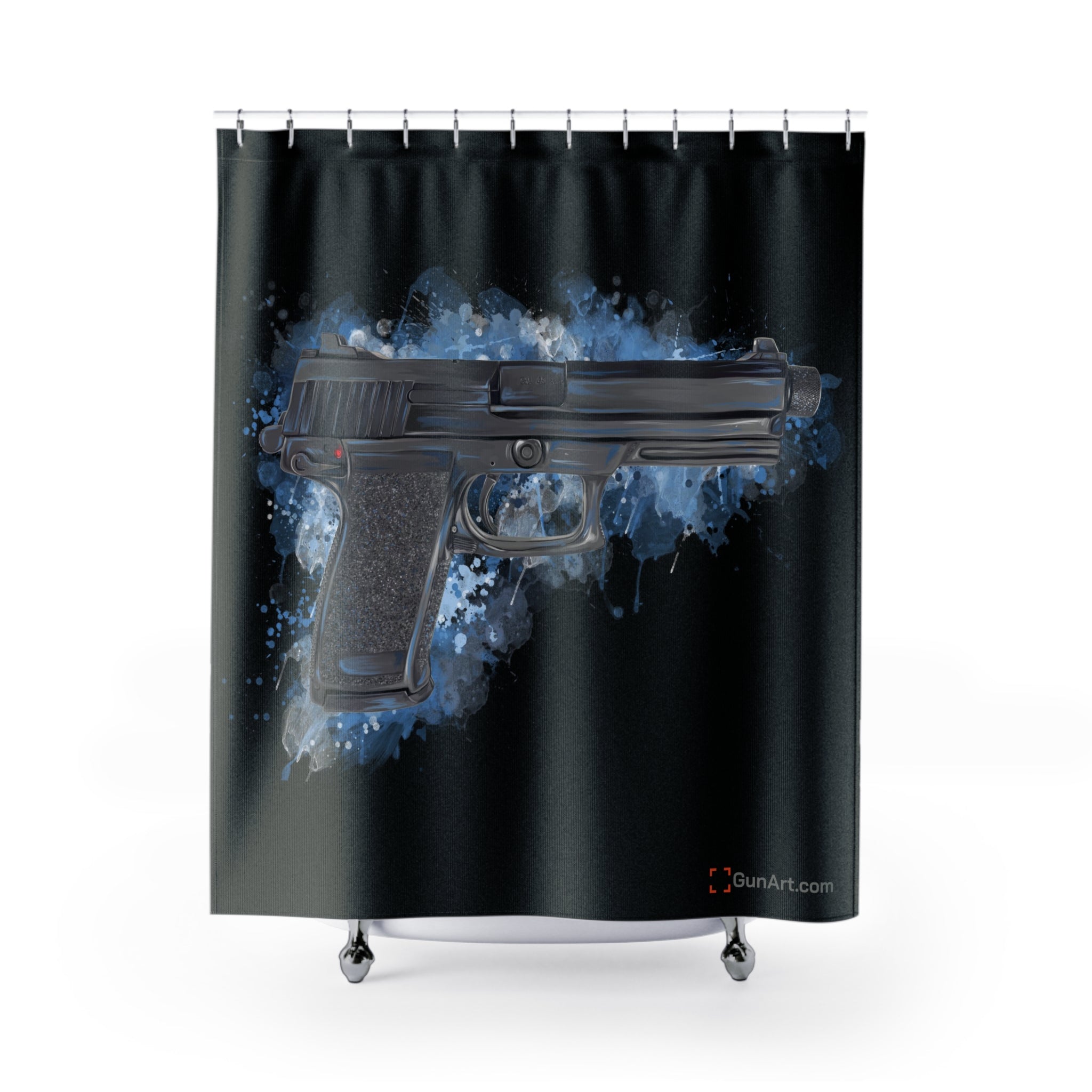Tactical .45 ACP Poly Pistol Shower Curtains - Black Background – Gun Art