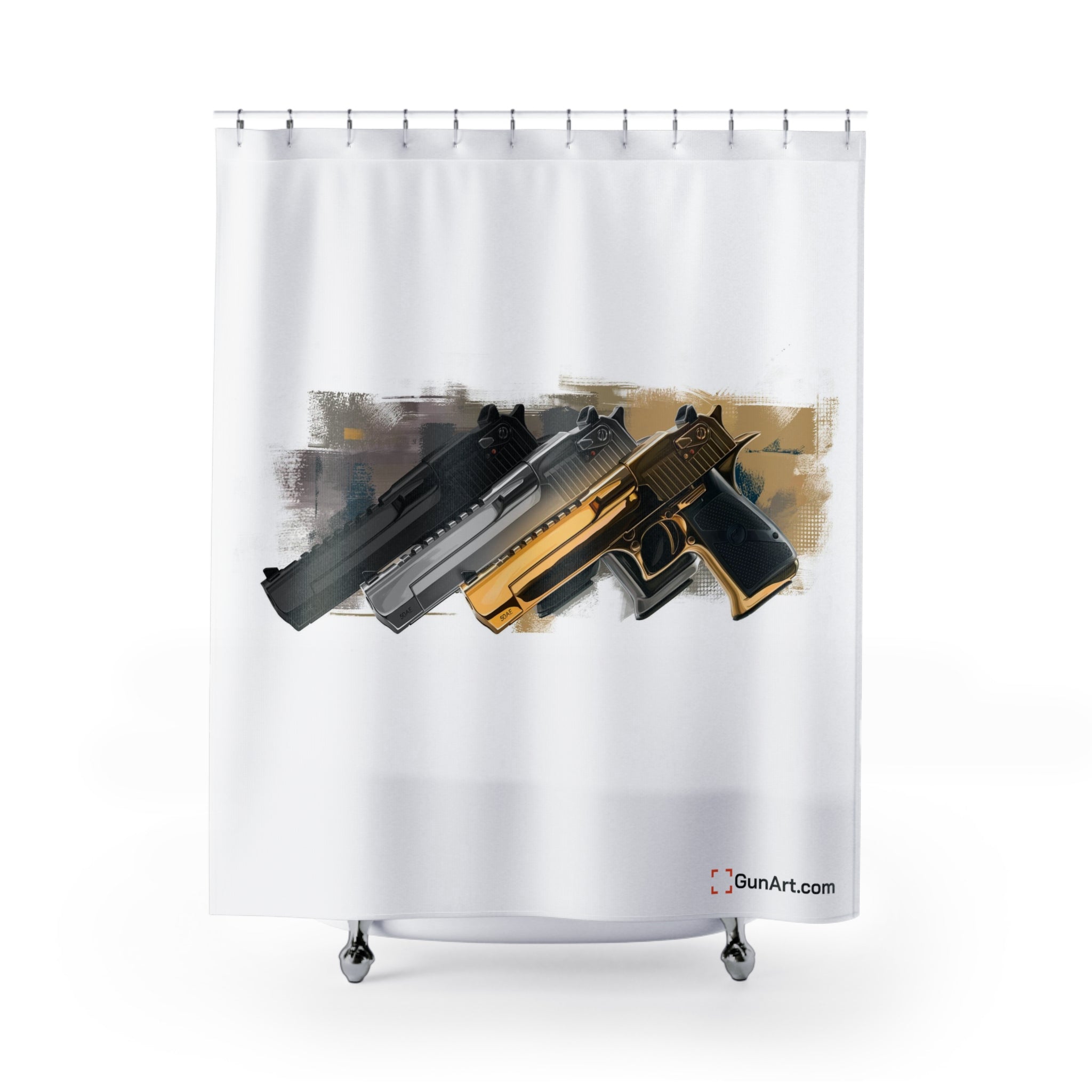 Super Power Pistol Trio Shower Curtains - White Background – Gun Art