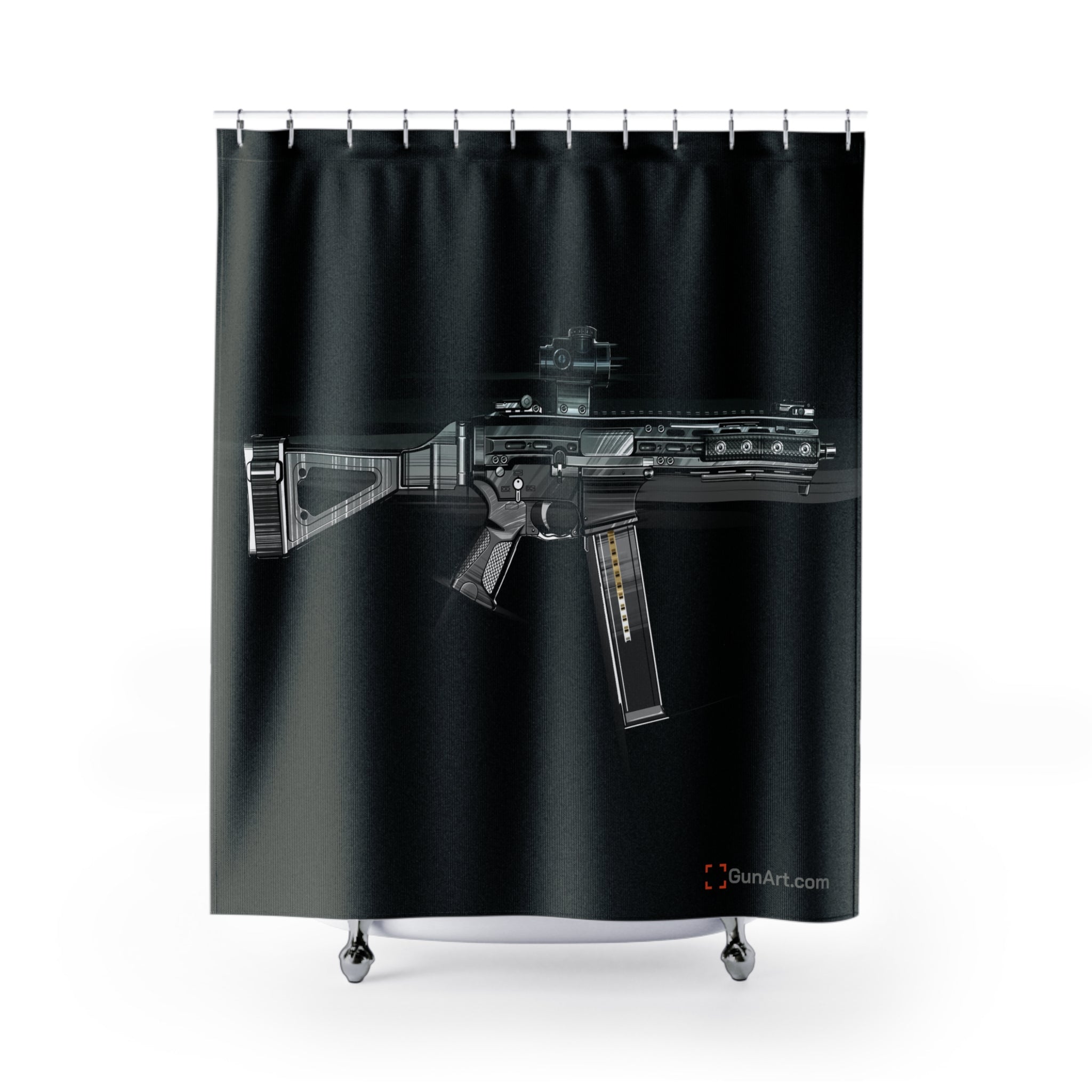 .45 Cal SMG Shower Curtains - Black Background – Gun Art