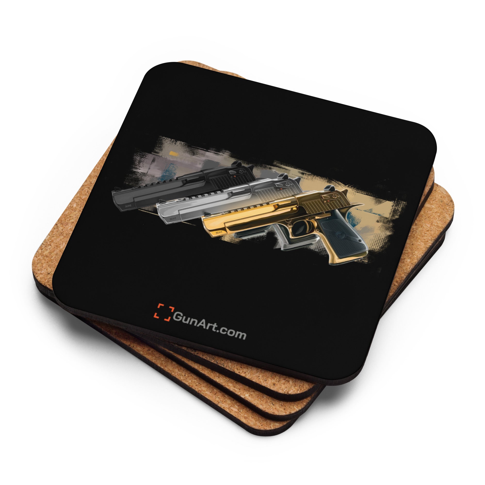 Super Power Pistol Trio Cork-back Coaster - Black Background – Gun Art